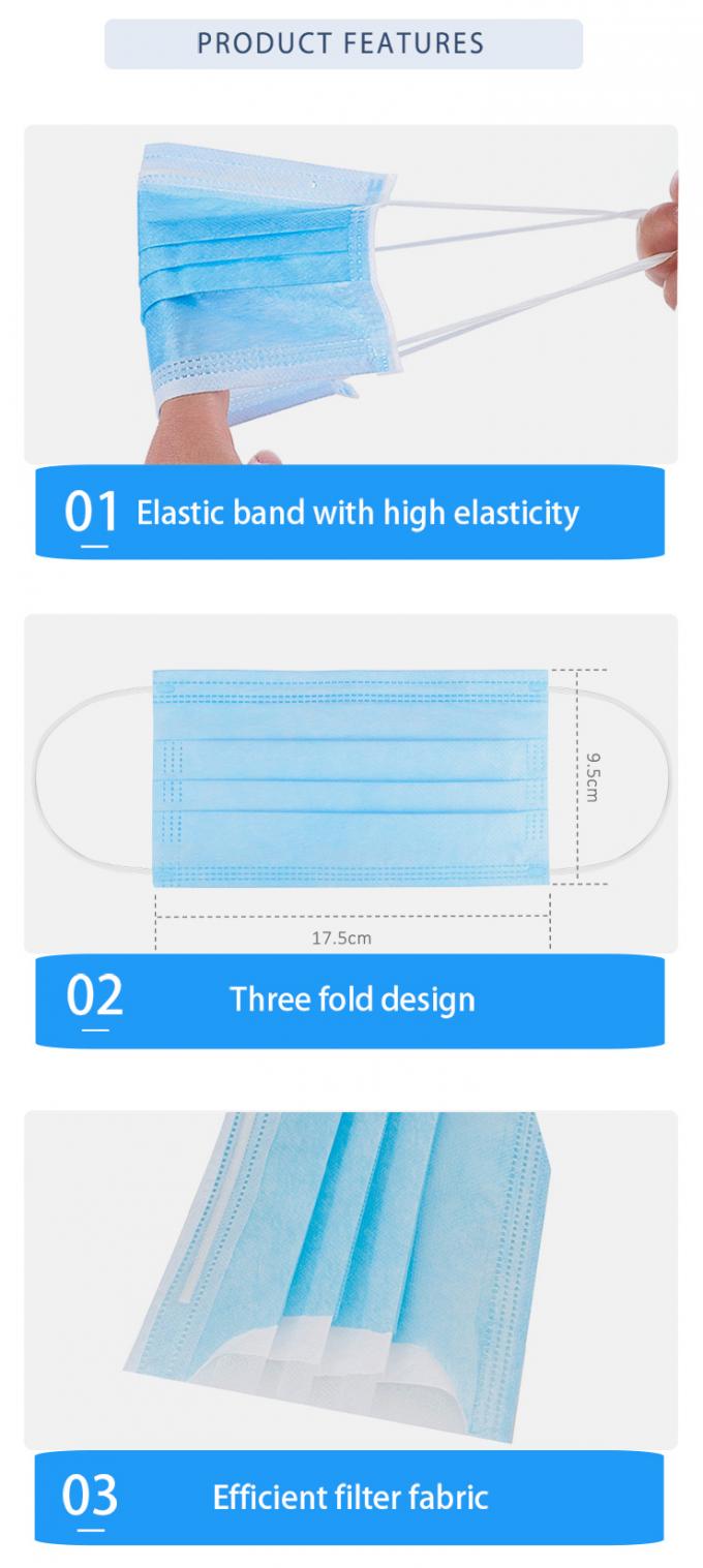 Pp 3 Ply Ear Loop Medical Face Mask Blue White Color